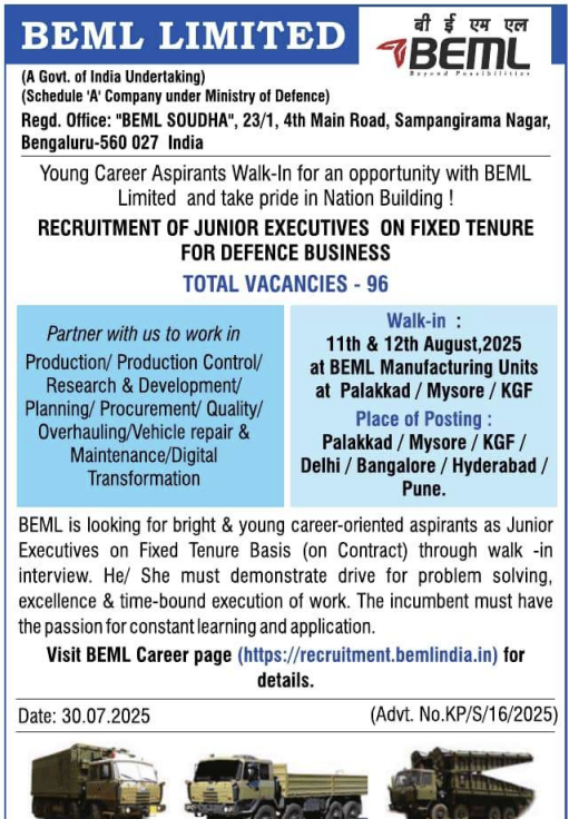 BEML Limited Recruitment 2025 for 100+ Management Trainees, Assistant Managers, Managers, ITI ...